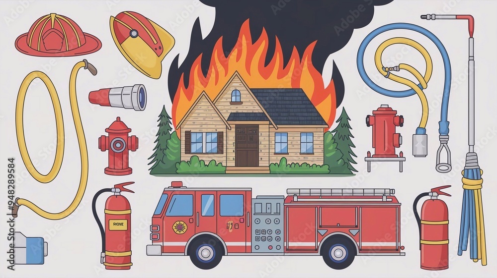 Firefighter Set. Emergency equipment. Burning house, helmet, hose ...