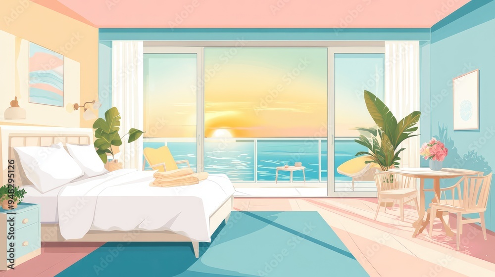 Flat design hotel room with a pastel color scheme. Features hand-drawn ...