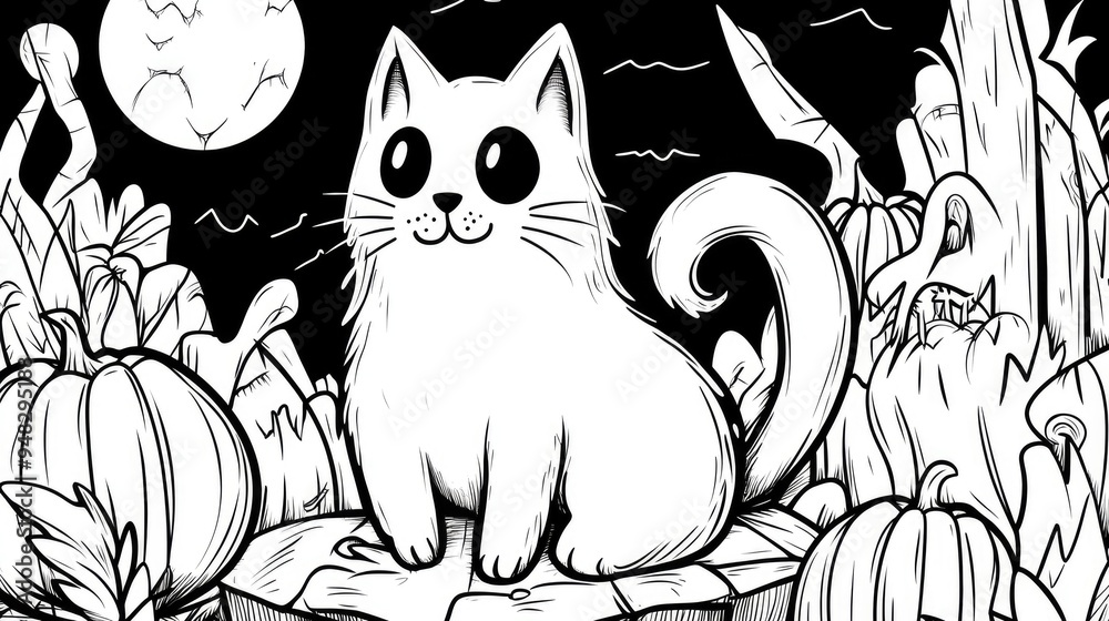 2D cartoon style coloring page featuring a ghost cat designed for ...