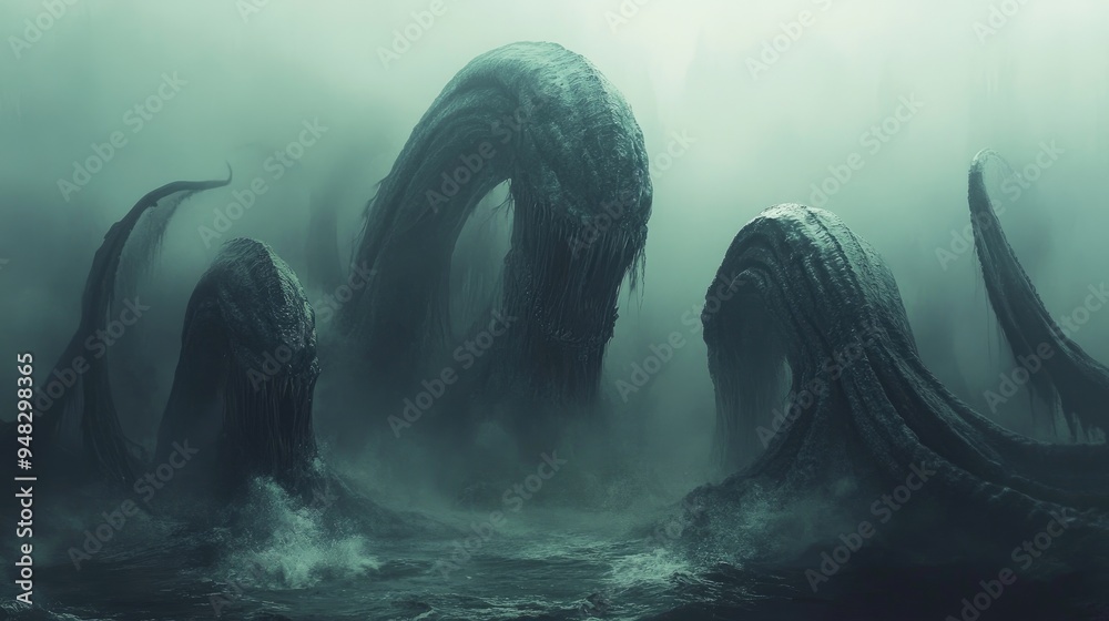 Ominous sea creatures break through the mist, their monstrous forms ...
