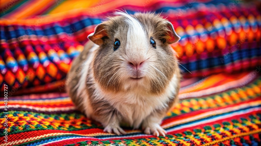 Adorable Peruvian cuy, also known as guinea pig, sits on a vibrant ...