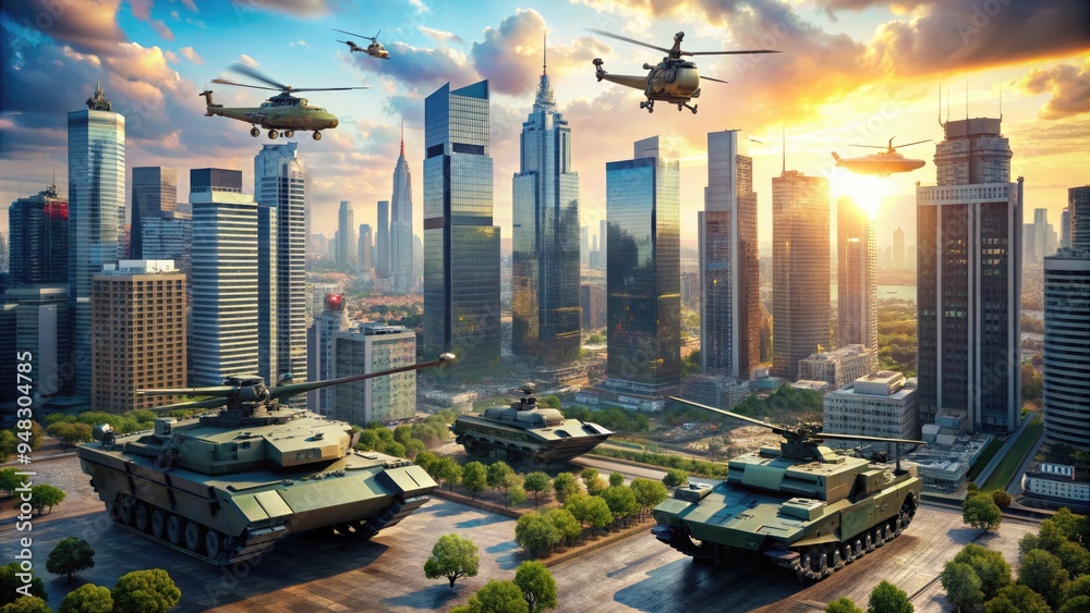 Aerial view of a modern metropolis with a strong military presence ...