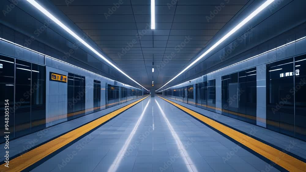 Empty subway platform illuminated by elegant lighting in a modern ...