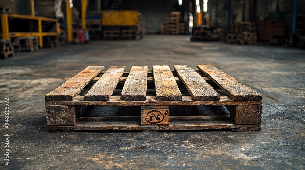 An aged wooden pallet, showing deep signs of wear and tear, positioned ...