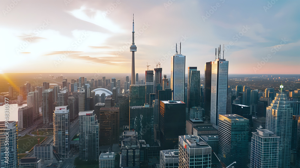 Aerial drone showcasing an iconic city skyline, illustrating the ...