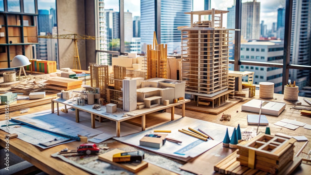 Architect's workstation cluttered with blueprints, sketches, and ...