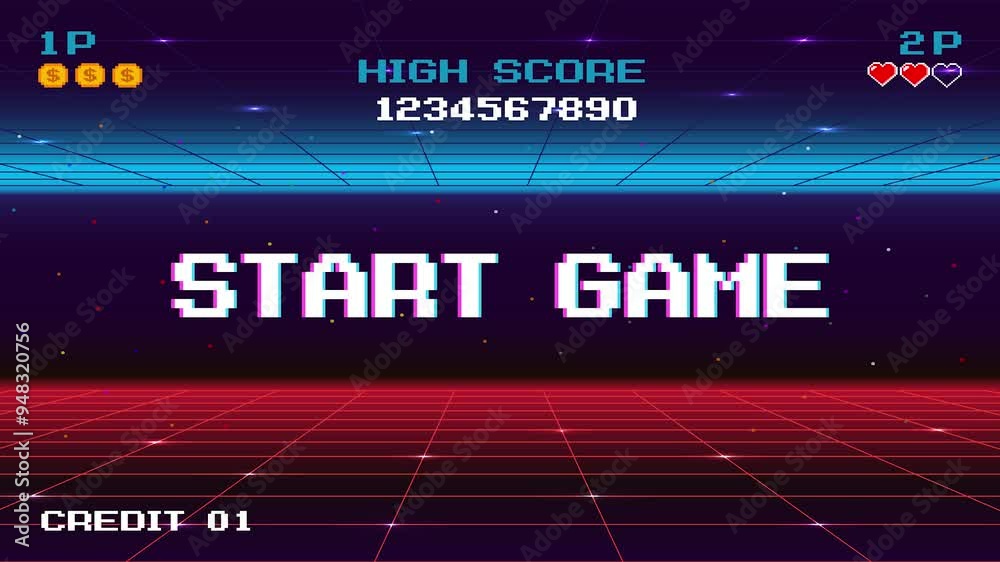 START GAME. Synthwave wireframe net illustration. pixel art .8 bit game ...