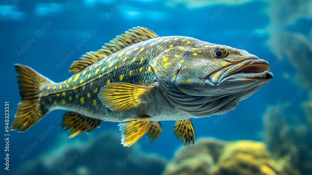 A large, vibrant grouper fish with distinctive yellow spots swims ...