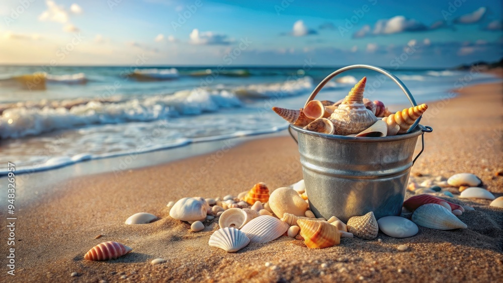 Seashells scattered in a bucket on the beach , seashells, bucket, beach ...