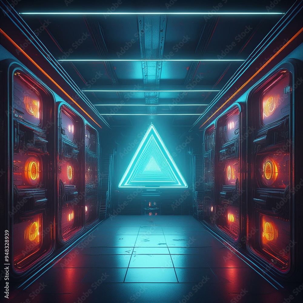Underground bunker with stasis pods and a pulsating neon triangle ...