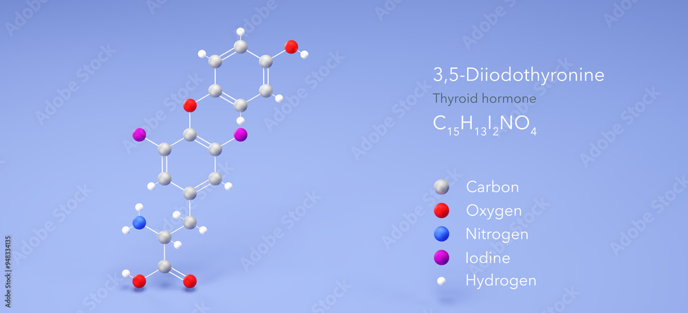 3.5-diiodothyronine molecule, molecular structure, thyroid hormone, 3d ...