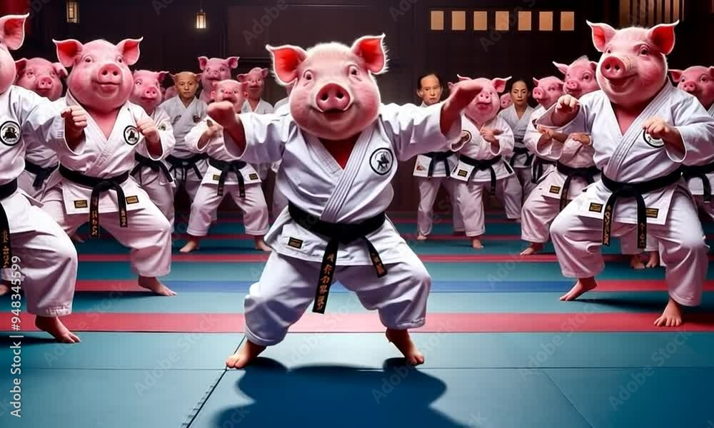 A lively dojo features a group of pigs in karate uniforms displaying ...