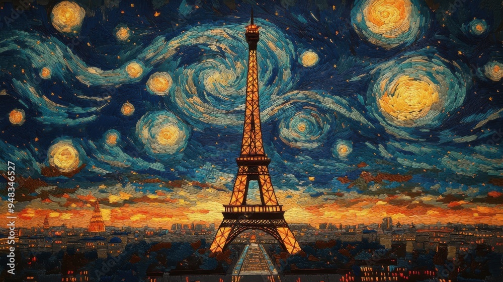 Eiffel Tower at Night with Starry Sky Inspired by Van Gogh's Starry ...