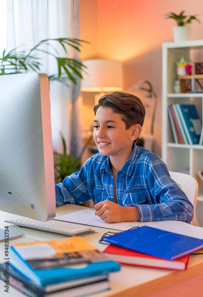 Child homeschooling in front of computer at a desk Stock Photo | Adobe ...