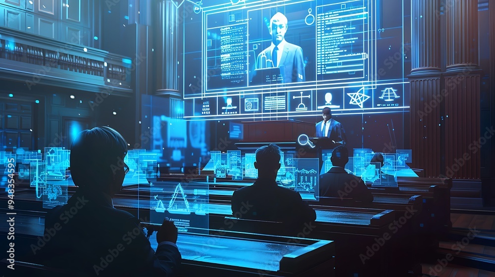 Lawyer presenting a case using holographic displays of legal precedents ...