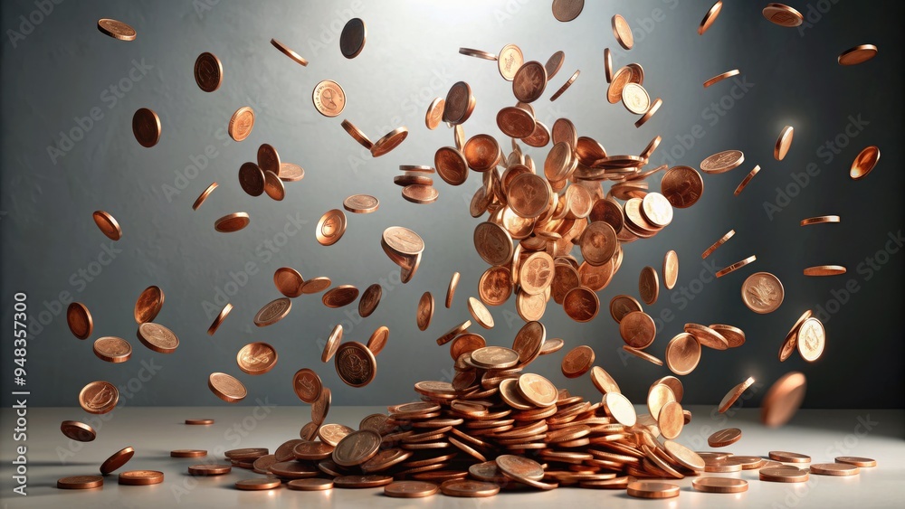 Cascading pennies fall from above, spinning and twirling in mid-air ...
