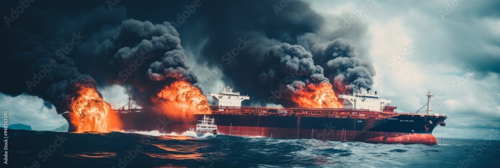 Large cargo ship in distress with flames and thick smoke billowing ...
