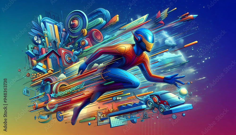 Futuristic Runner: A vibrant abstract artwork depicting a blue and red ...