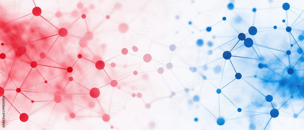 Dynamic network visualization, interconnected nodes in red and blue ...