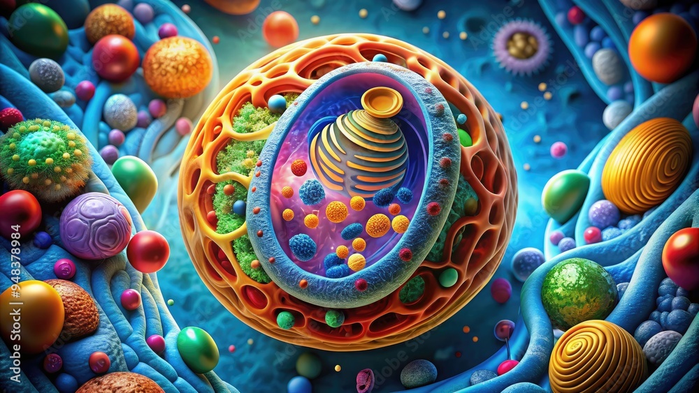 Colorful illustration of cellular biology concept featuring nucleus ...