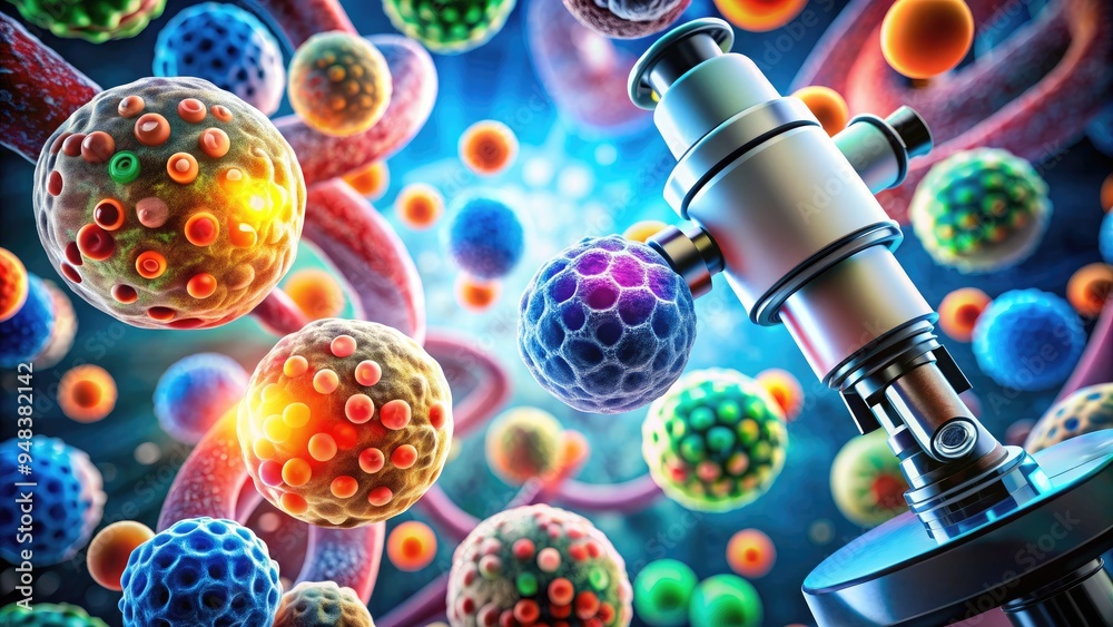 Colorful microscope image of cell division process, nucleus and ...