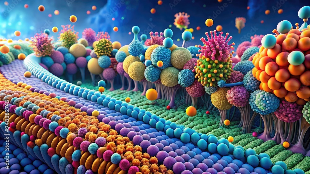 Colorful microscopic image of a cell membrane, showcasing intricate ...