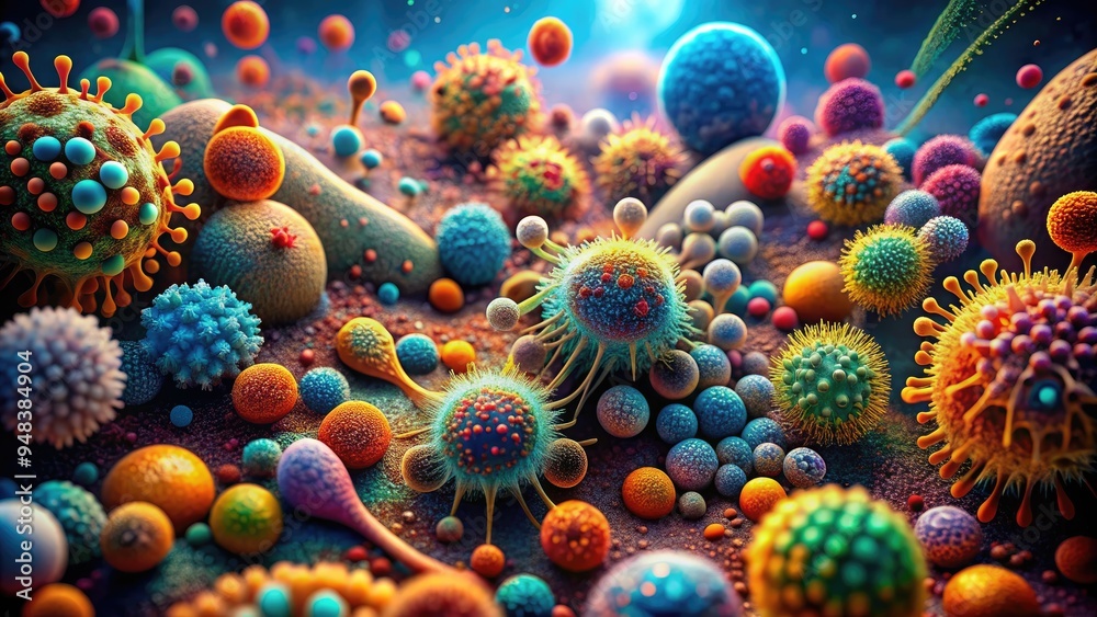 Colorful microscopic image of diverse microbes, cells, and ...