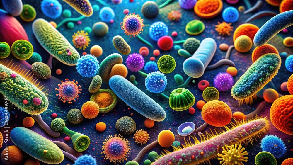 Colorful microscopic image of various microbial cells, such as bacteria and archaea, under high ...