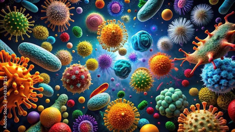 Colorful microscopic image of various pathogens and microbes, including ...
