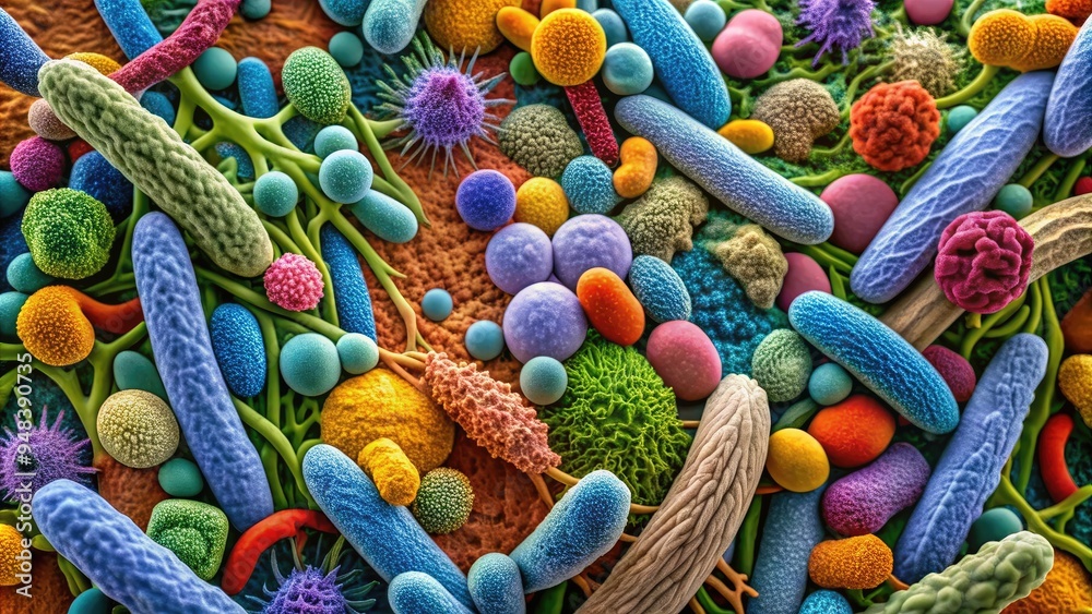 Colorful scanning electron microscopy image of diverse microbial flora ...