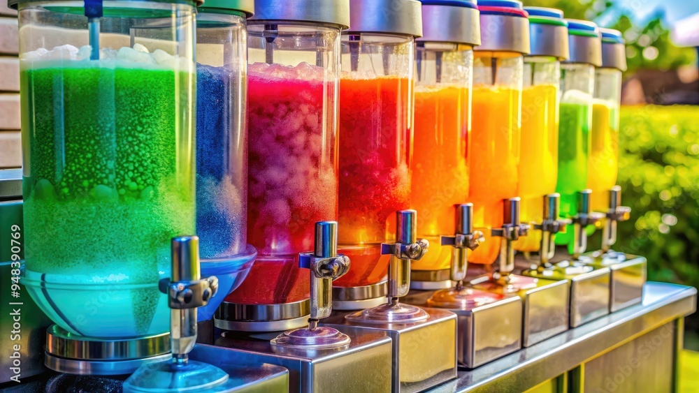 Colorful slush machine filled with icy cold drinks in various flavors ...