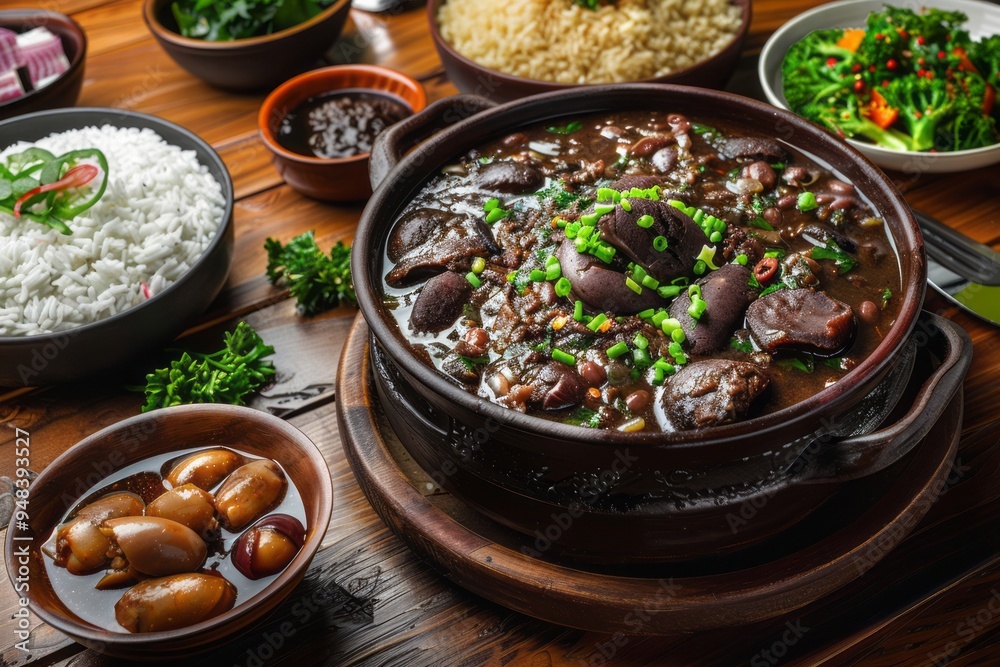 Feijoada presented in a large bowl on a beautifully set dining table ...