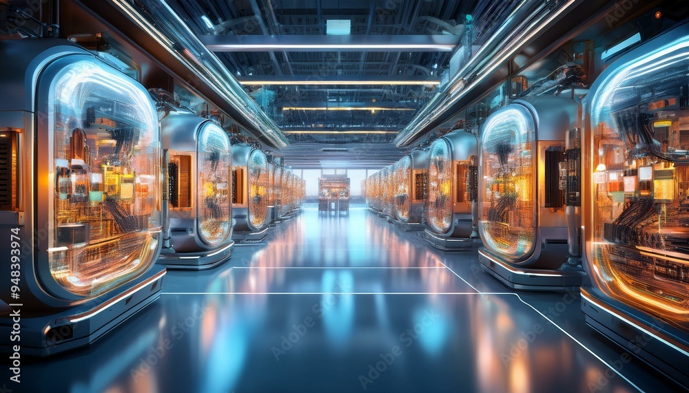 Futuristic vision of a fully automated factory producing battery cells ...