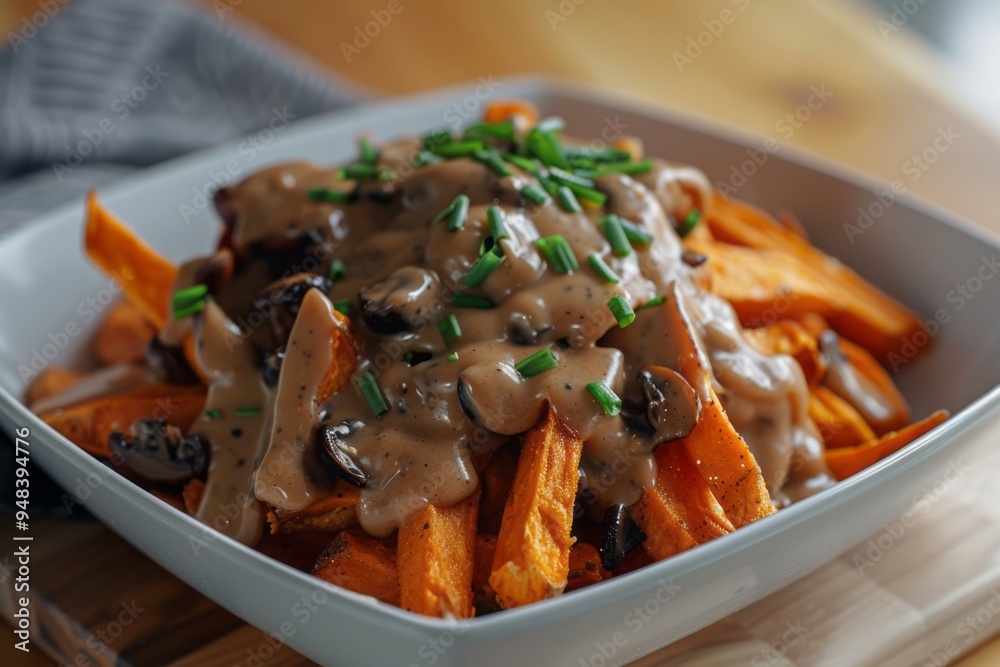 Vegetarian poutine made with sweet potato fries, vegan cheese, and ...