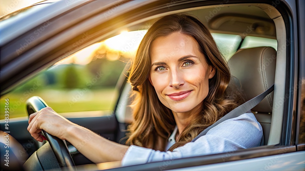 Confident female driver in her 30s with brown hair and a friendly ...