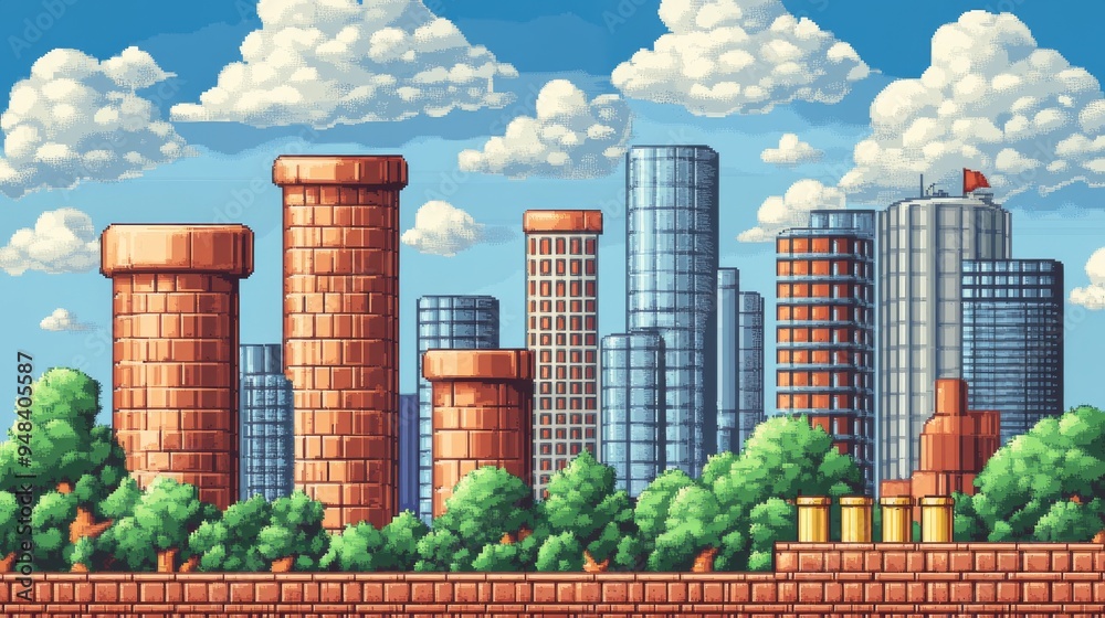 Pixel art game background with level up button. Retro game design ...