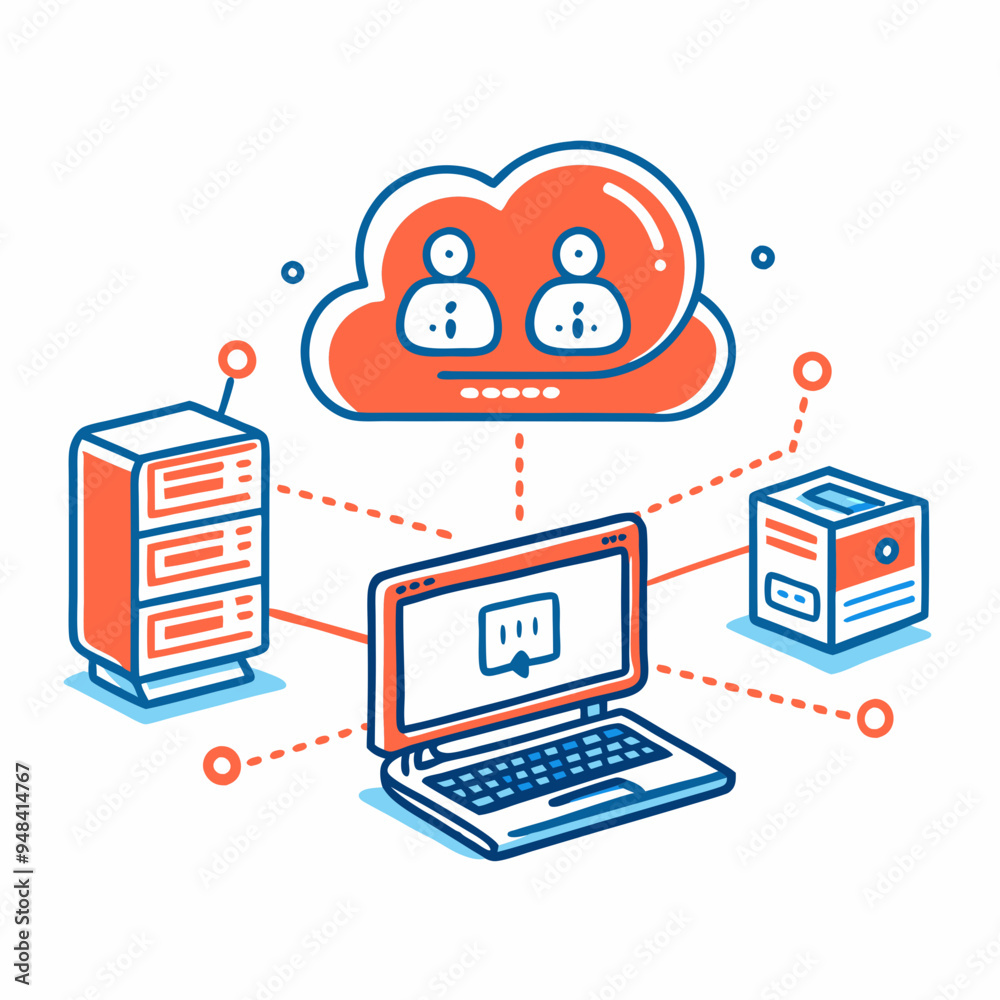 Cloud-Based Remote Desktop Network with Connected Devices in Modern Outline Style Stock Vector ...