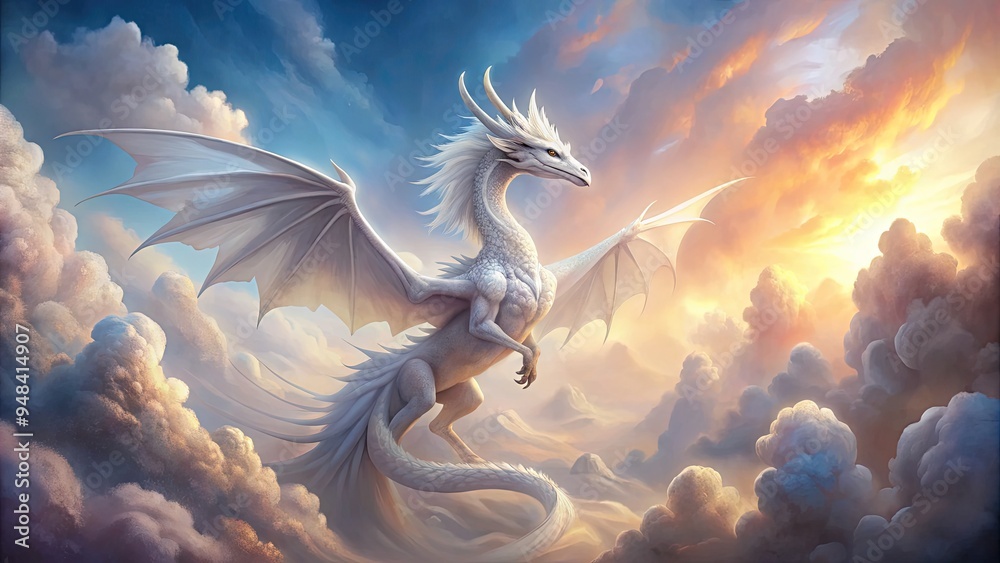Delicate white dragon with wispy wings and gentle eyes emerges from ...