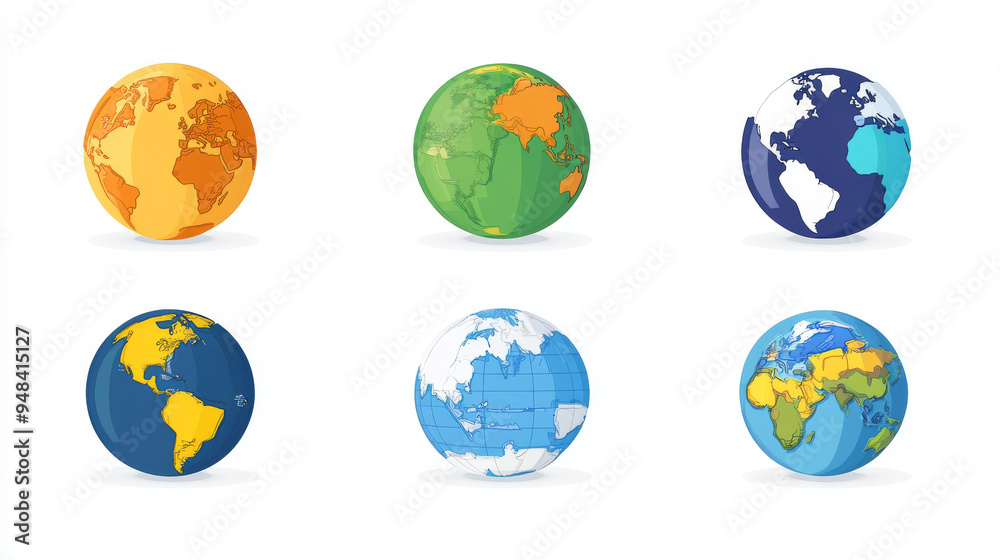 Flat world icons, Earth globe set, hemispheres showing continents ...