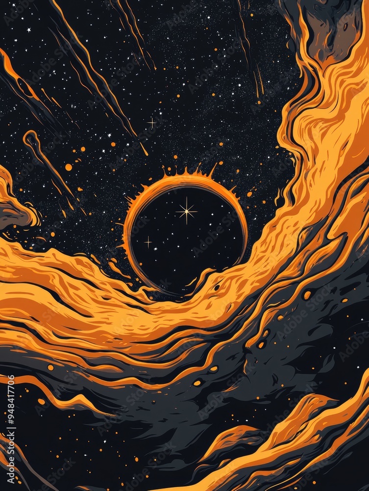 2D cartoon illustration showcasing a black hole featuring a square ...