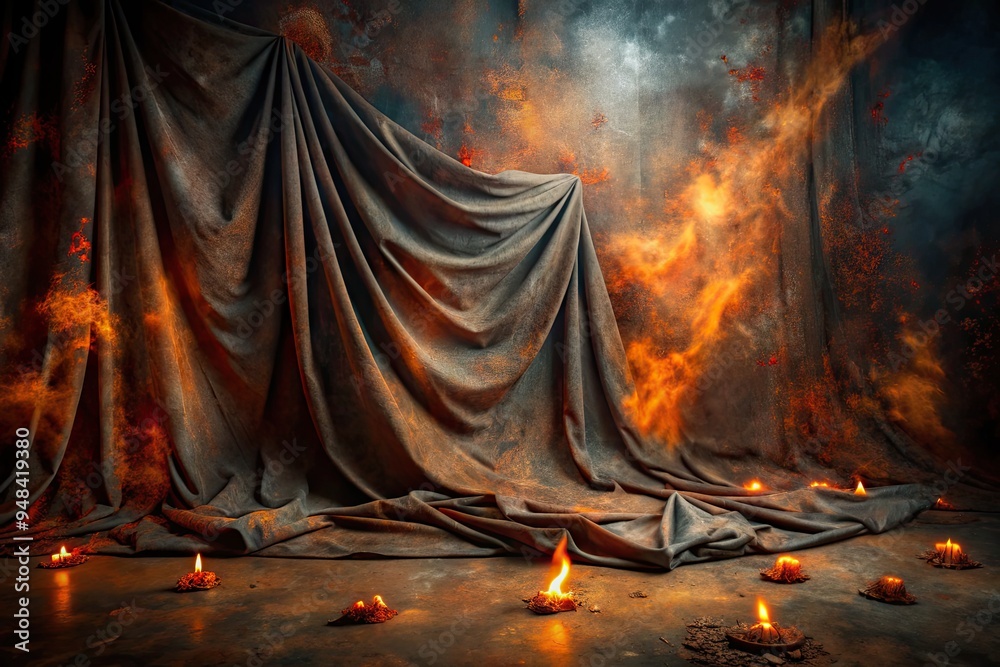 Distressed, fiery muslin fabric studio backdrop with dark, mysterious ...