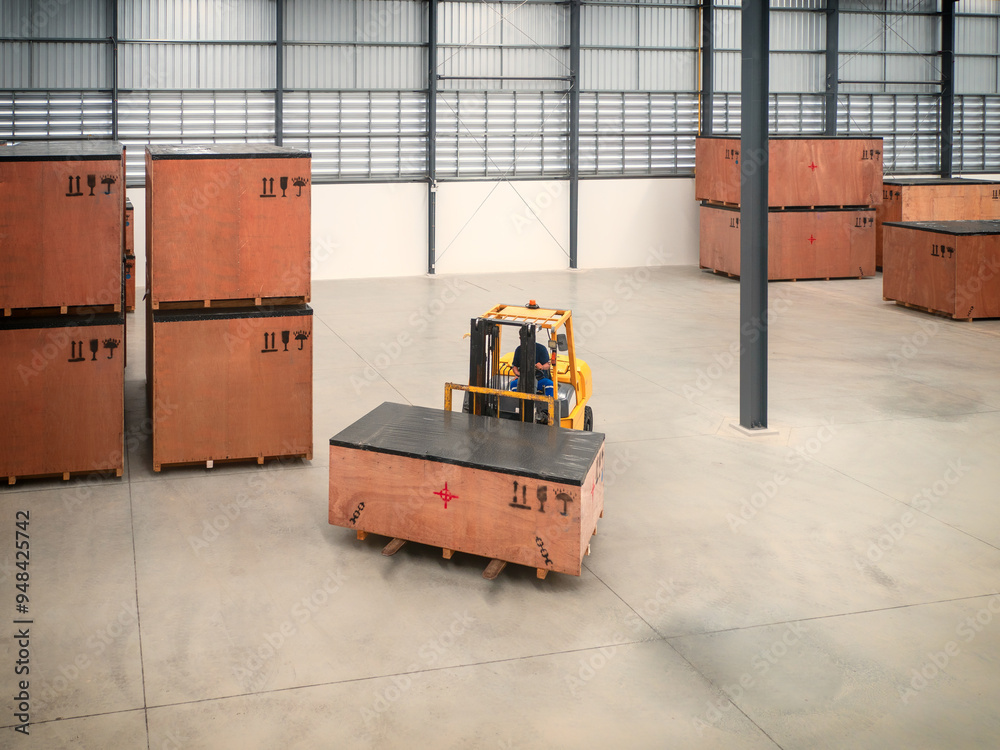 Project cargo in big wooden boxes stored in the warehouse. The cargo in ...