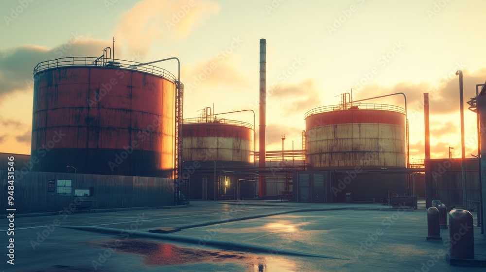 As the sunrise casts golden light over an industrial site, it ...