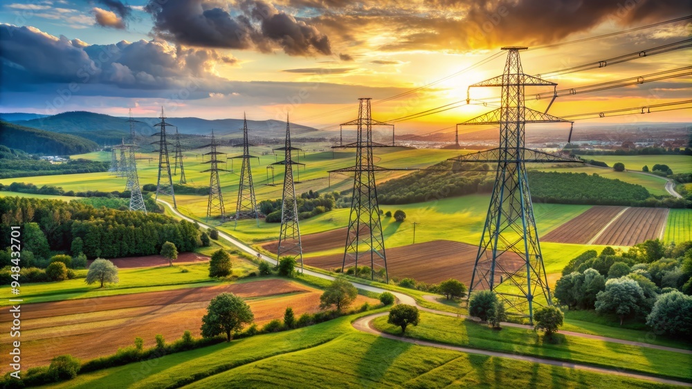 High-voltage power lines and transmission towers stretch across a ...