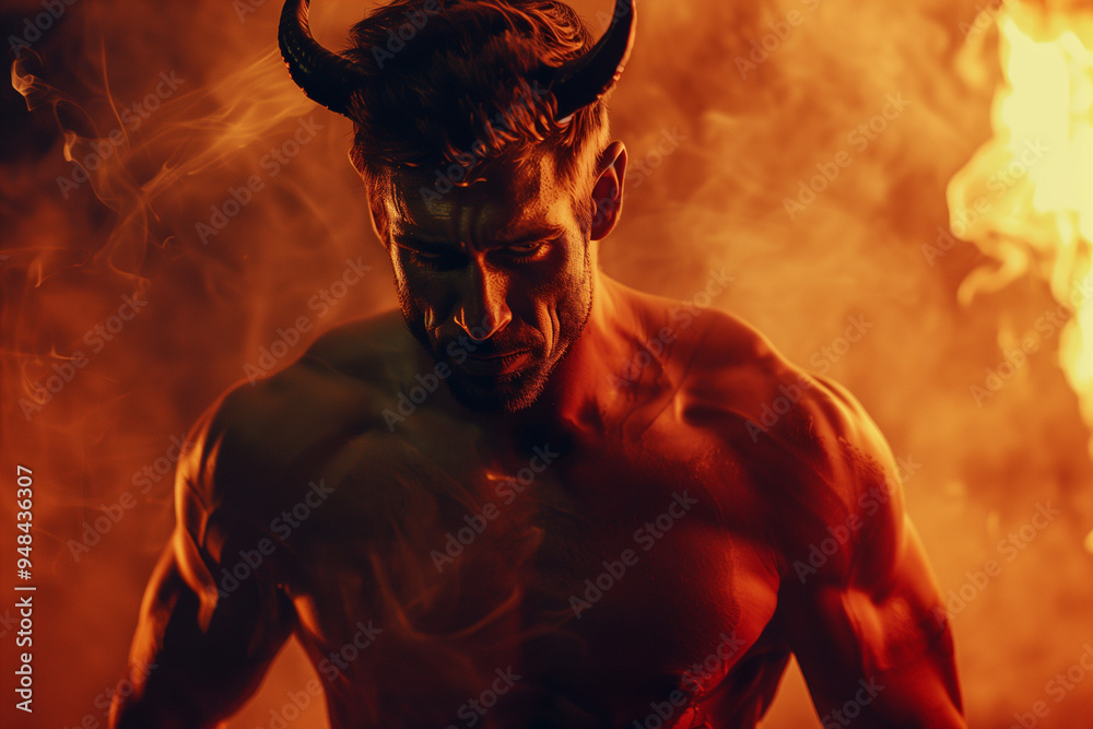 Incubus with Devil Horns Surrounded by Flames Seduces with His Gaze and ...