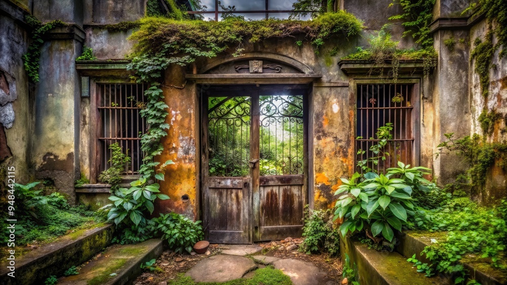 Faded, eerie entrance to an abandoned house in Pengalengan, Bandung ...