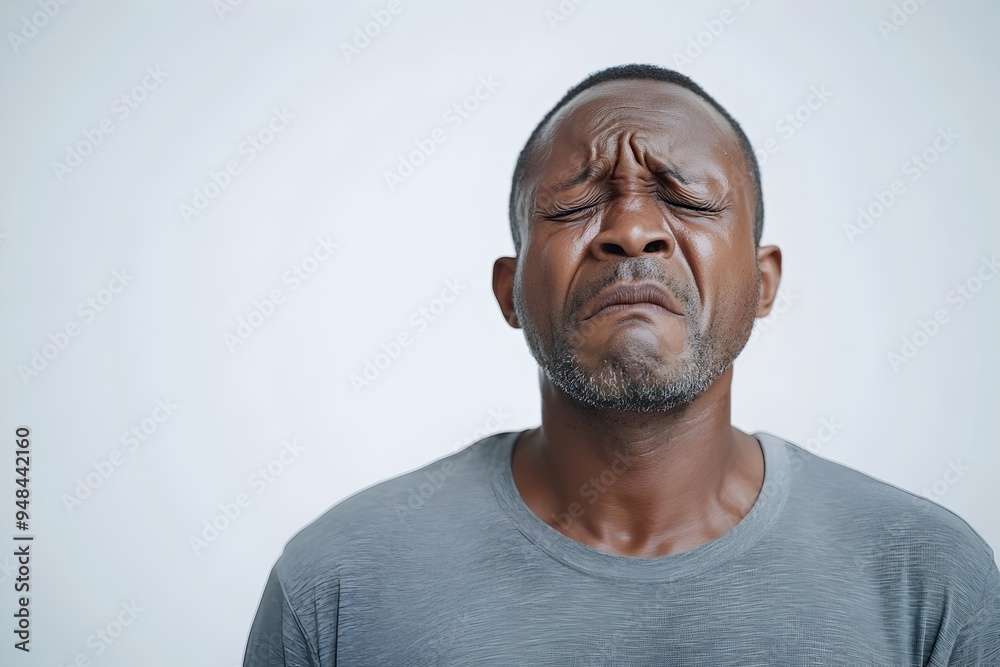 Distraught African man with tears streaming down his cheeks displaying ...