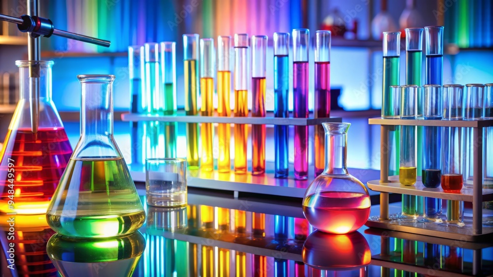 Laboratory equipment setup with colorful pH paper strips, pipettes, and ...