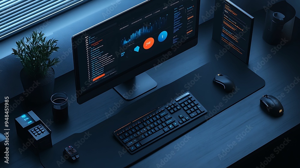 A sleek, dark-themed tech workspace featuring multiple monitors displaying data and code, with a ...