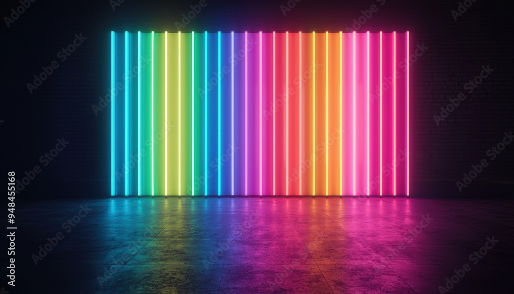 Vibrant neon rainbow lights illuminate a dark room, creating a colorful ...